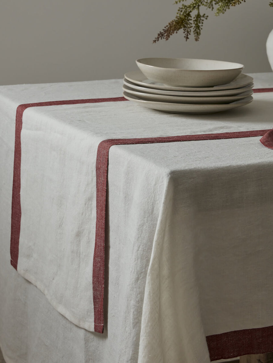 Linen Table Runner with Burgundy Trim