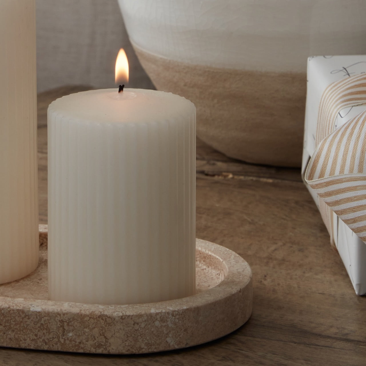Set of 2 Ivory Ribbed Pillar Candles