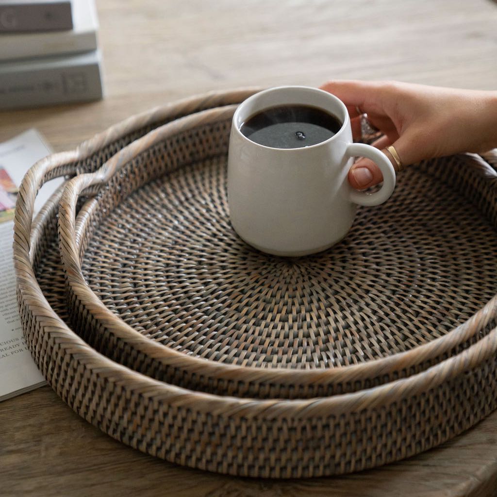 Grey Round Rattan Tray